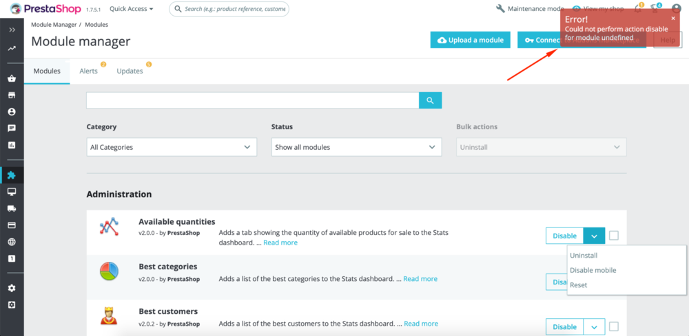 Can't manage modules in Module Manager - Configuring and using PrestaShop - PrestaShop Forums