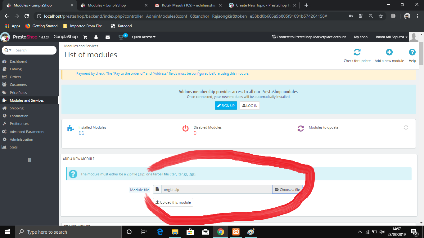 Failed to Install a module after deleteing a previous one. - Configuring and using PrestaShop ...