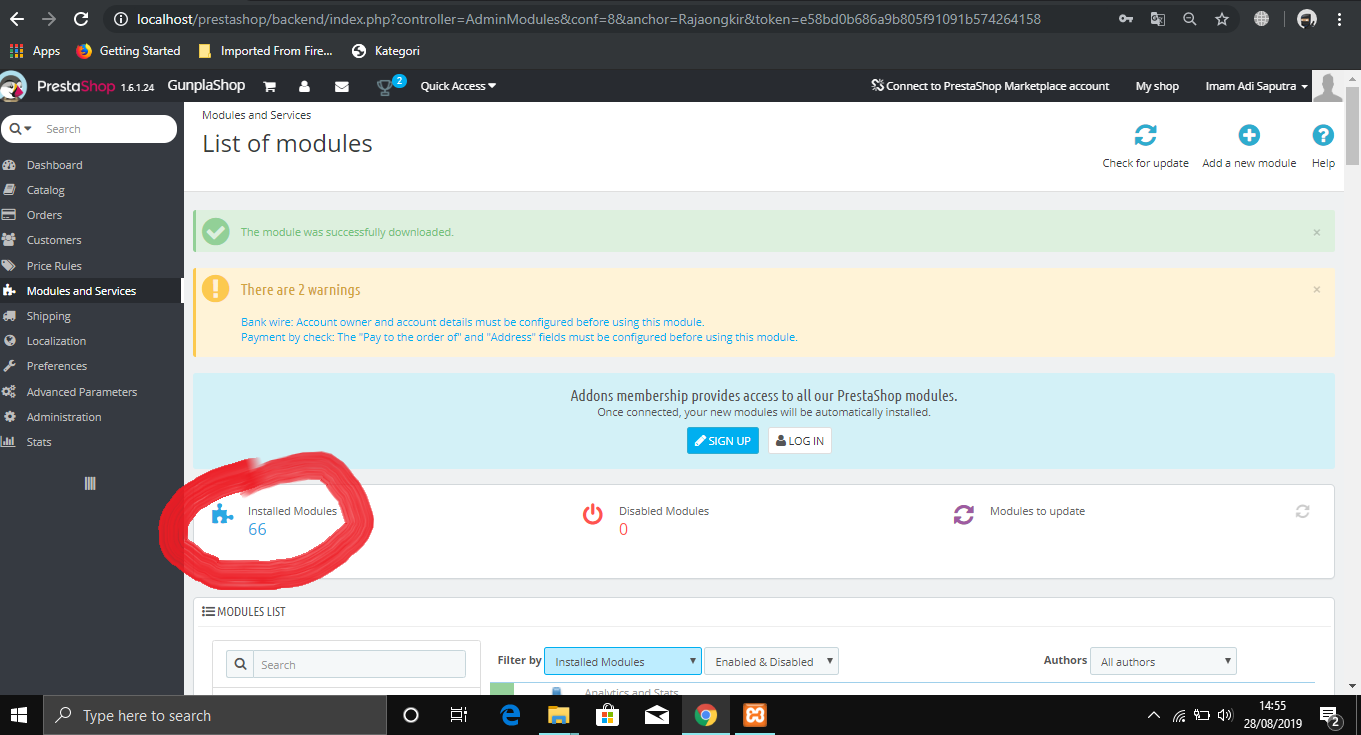 Failed to Install a module after deleteing a previous one. - Configuring and using PrestaShop ...