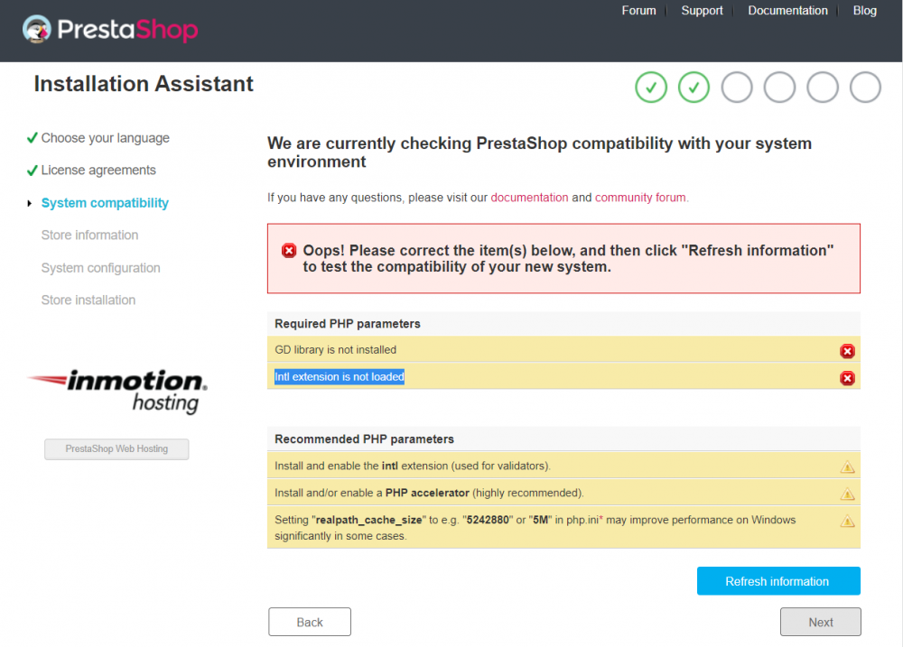 GD Library is not installed - Intl extension is not loaded - Installing PrestaShop for the first ...